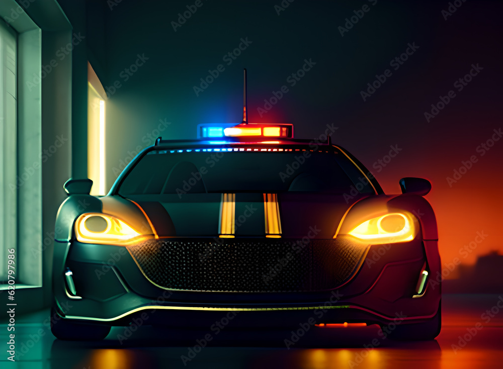 Police car concept on the background of the night city, cyberpunk style ...