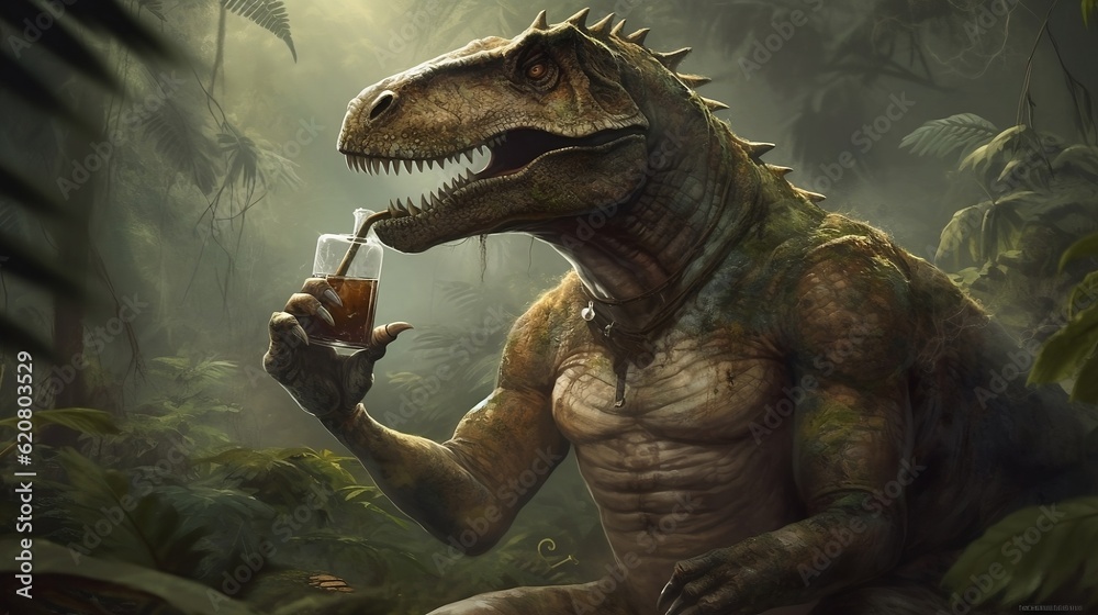 T-Rex is smoking sigaret and drinking beer in the jungle. Generative AI ...