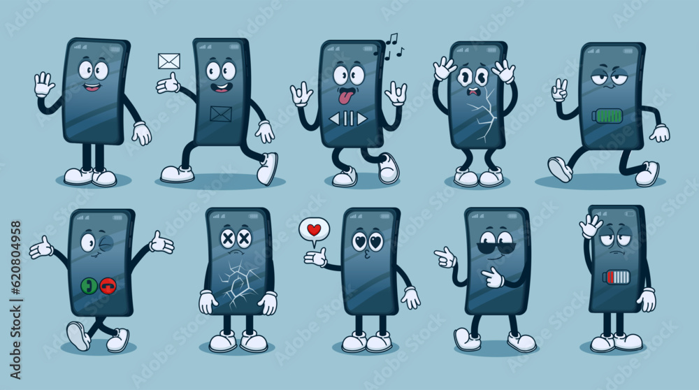 Smartphone character. Cartoon mascot phone. Mobile screen face emotions ...
