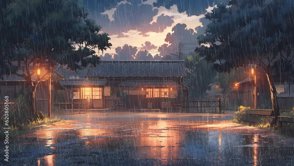 Misty Raindrops Fall on a Traditional Street, anime background, loop ...