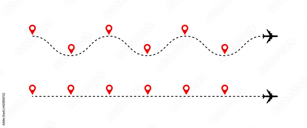 Timeline. Plane route dashed line with red map pins, airplane journey ...