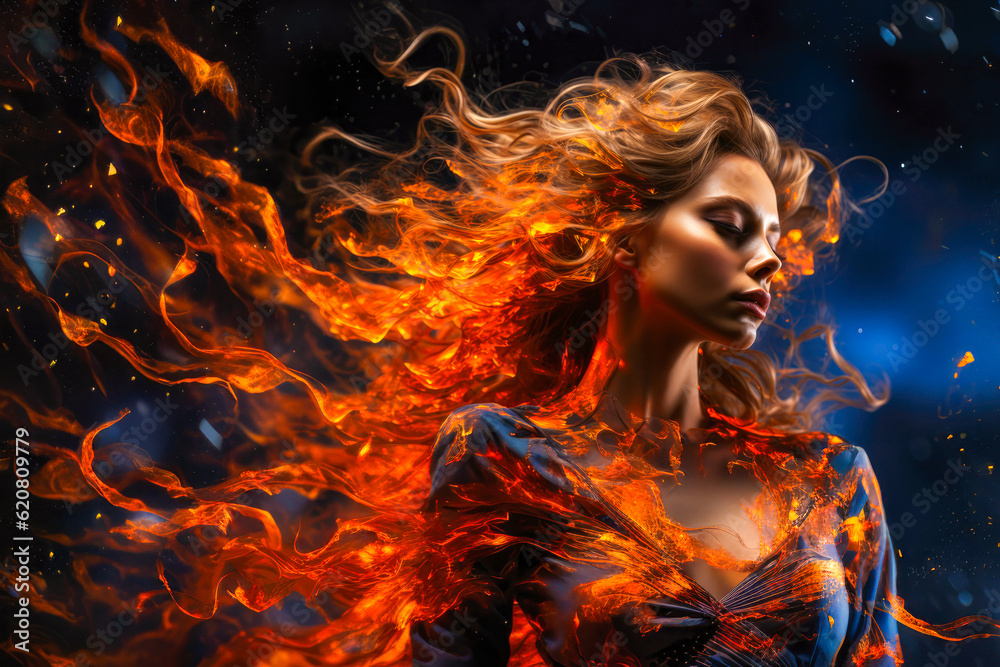 Abstract portrait of fire disintegrating woman, bow down, side view ...