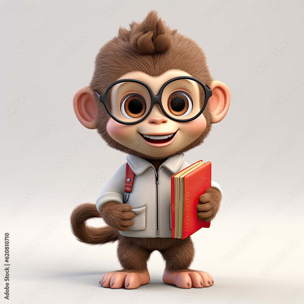 Baby Monkey, 3D cartoon character, Pixar-style, holding a book, wearing ...