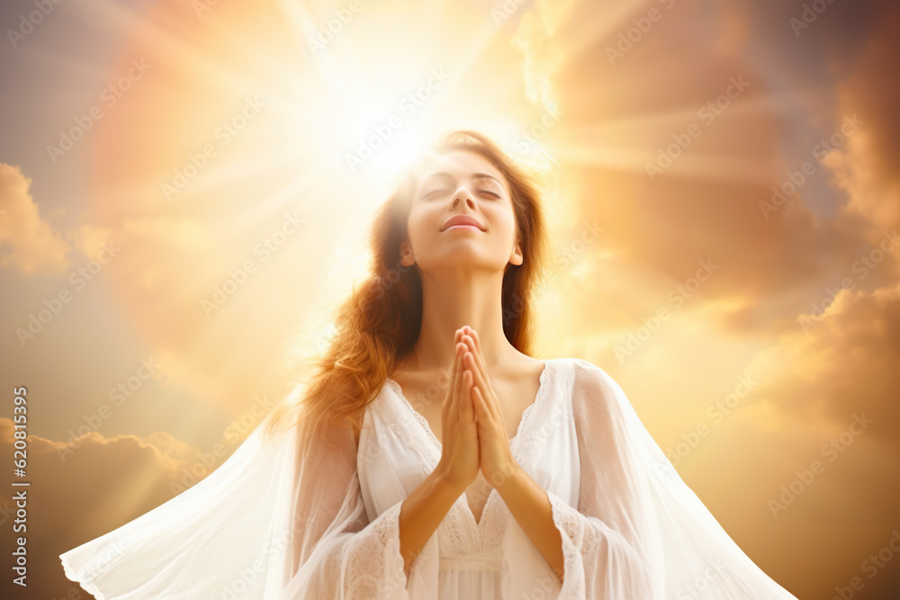 Thank you to God for great is your love. Young woman praying to God ...