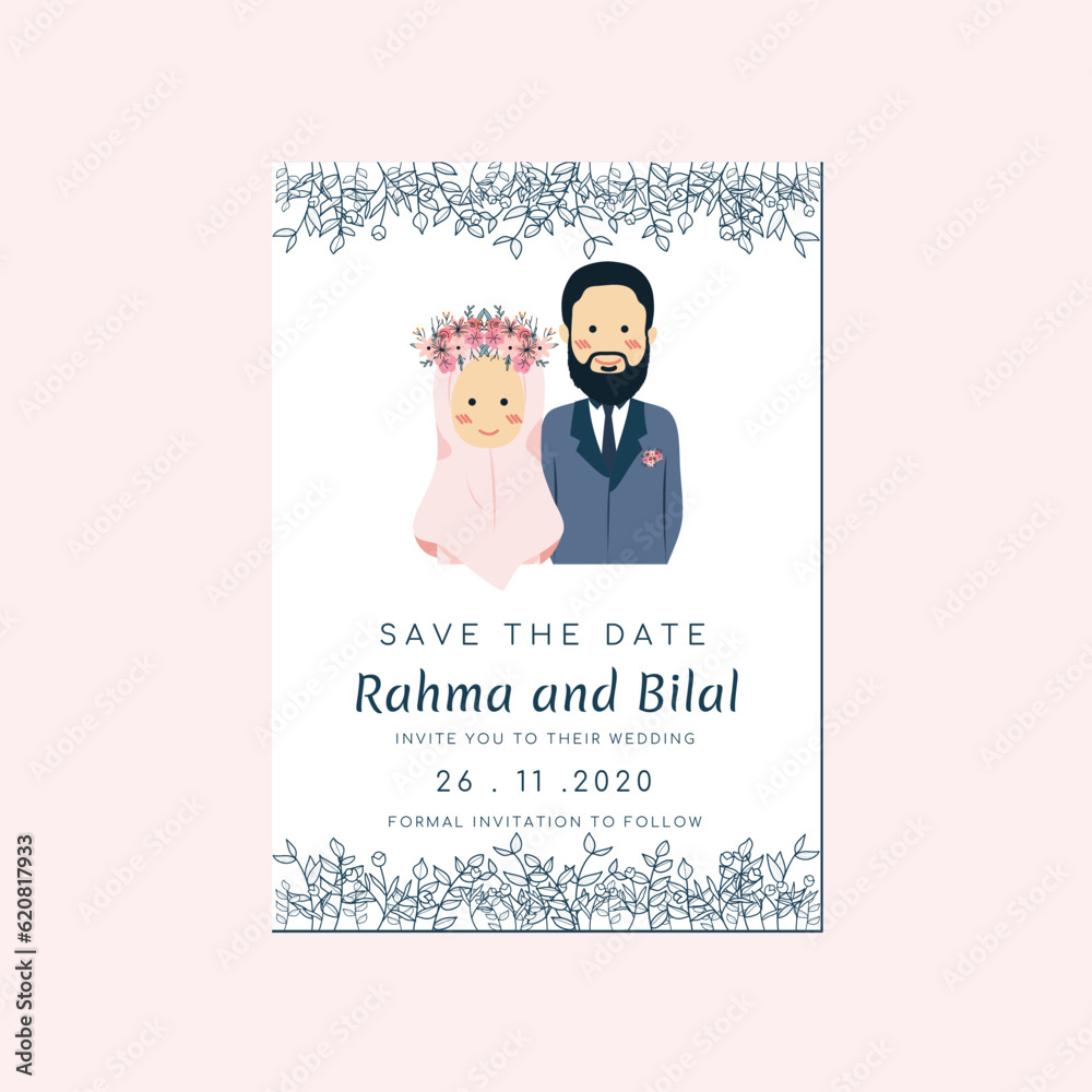 Cute Lovely Muslim Couple Portrait Wedding Invitation with Blue Flower ...