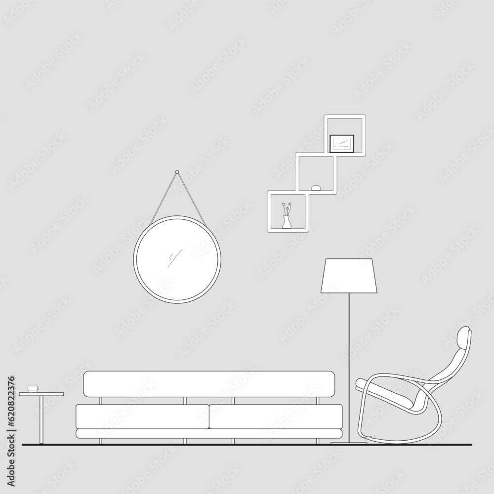 Architectural Drawings, elevation vector interior, living room ...