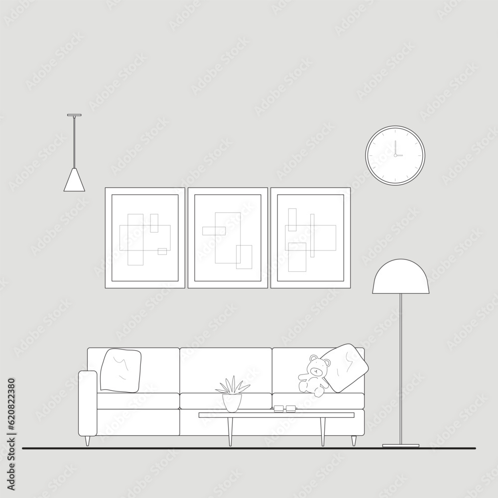 Architectural Drawings, elevation vector interior, living room ...