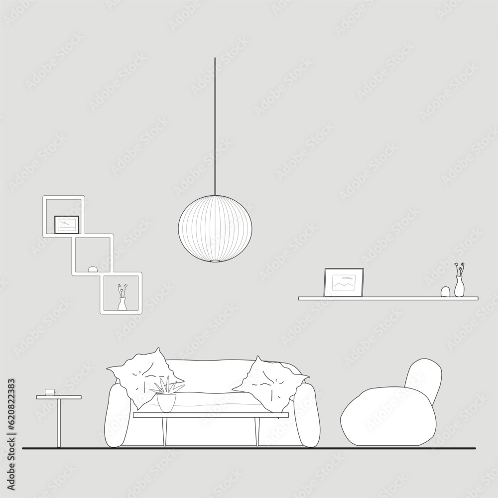 Architectural Drawings, elevation vector interior, living room ...
