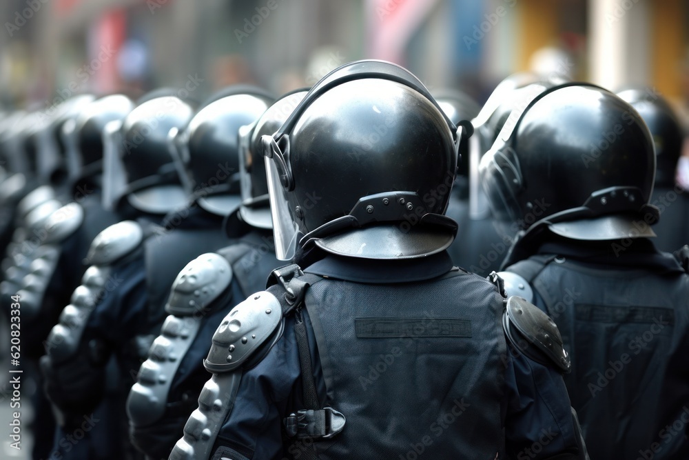 police in full gear on the street. police in hardhats, hard hats and ...