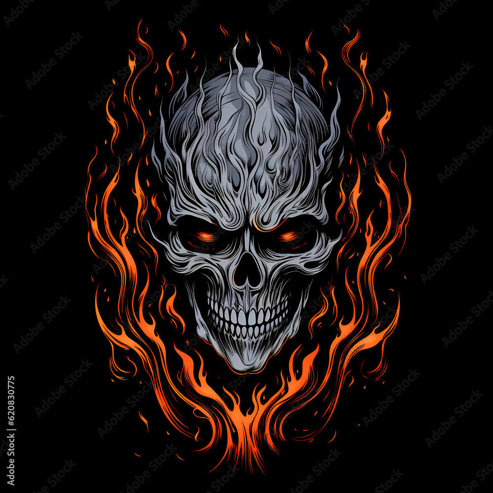 Angry skull fire tshirt tattoo design dark art illustration isolated on ...
