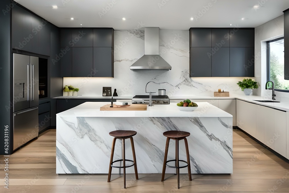 Front view of a modern designer kitchen with smooth handleless cabinets ...