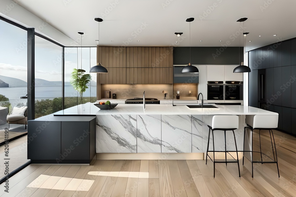 Front view of a modern designer kitchen with smooth handleless cabinets ...