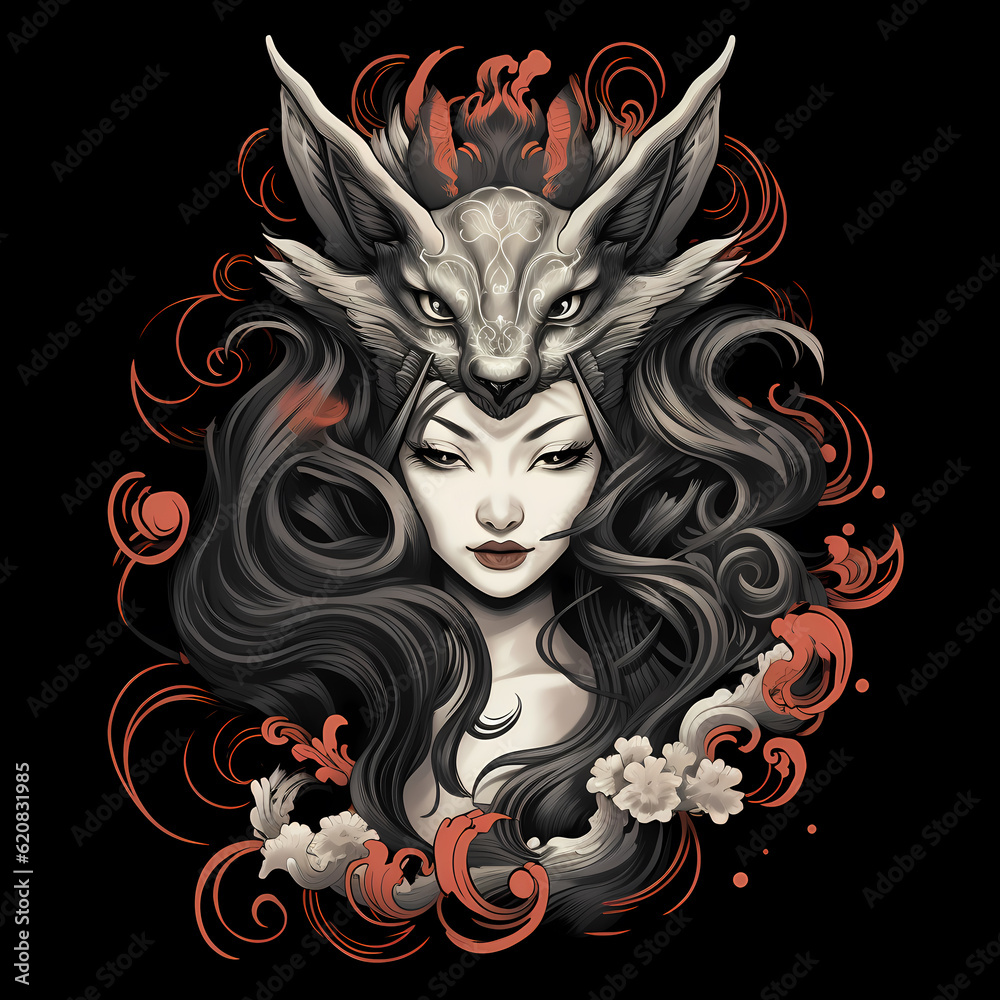 japanese geisha using kitsune mask tattoo design dark art illustration ...