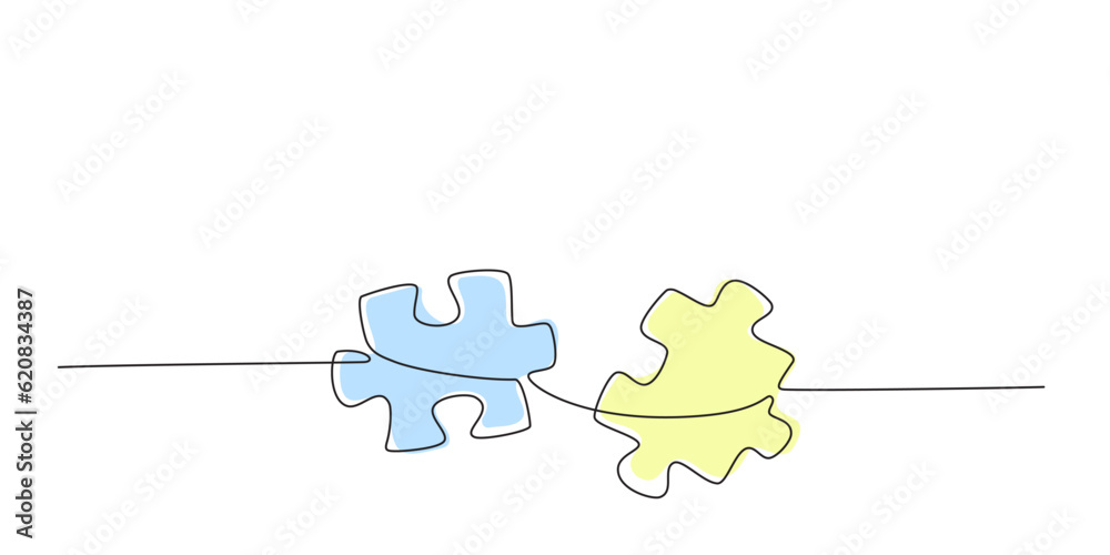 Continuous one line drawing of two puzzle jigsaw pieces. Single line ...