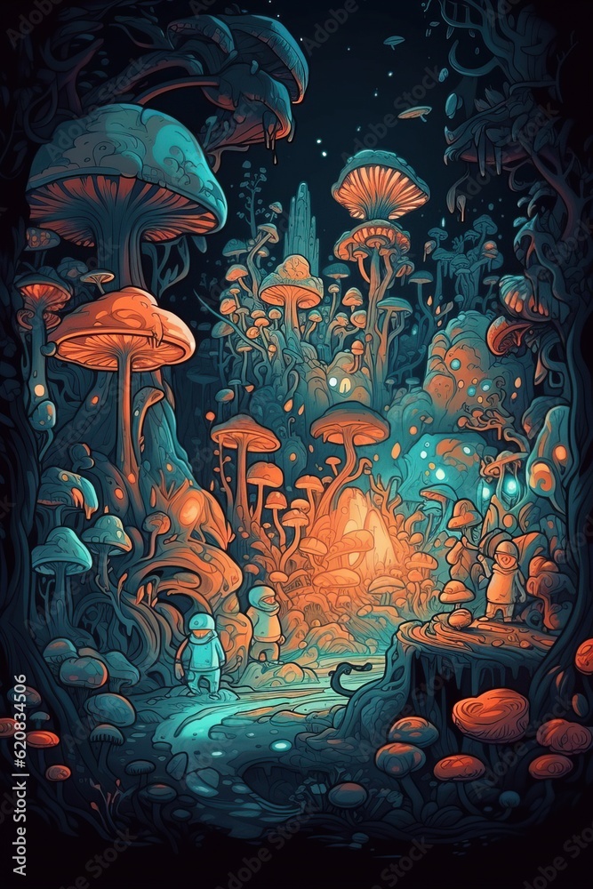 Painted magical dwarfs in a mystical unreal forest with neon light ...
