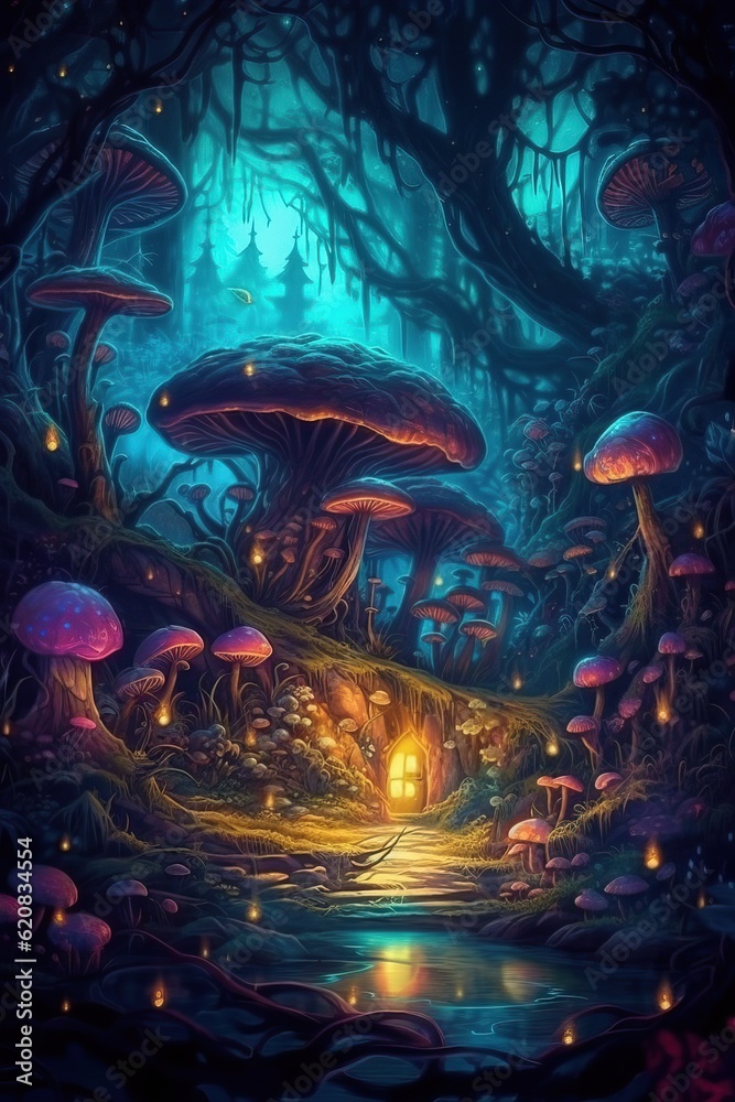 Painted magical dwarfs in a mystical unreal forest with neon light ...