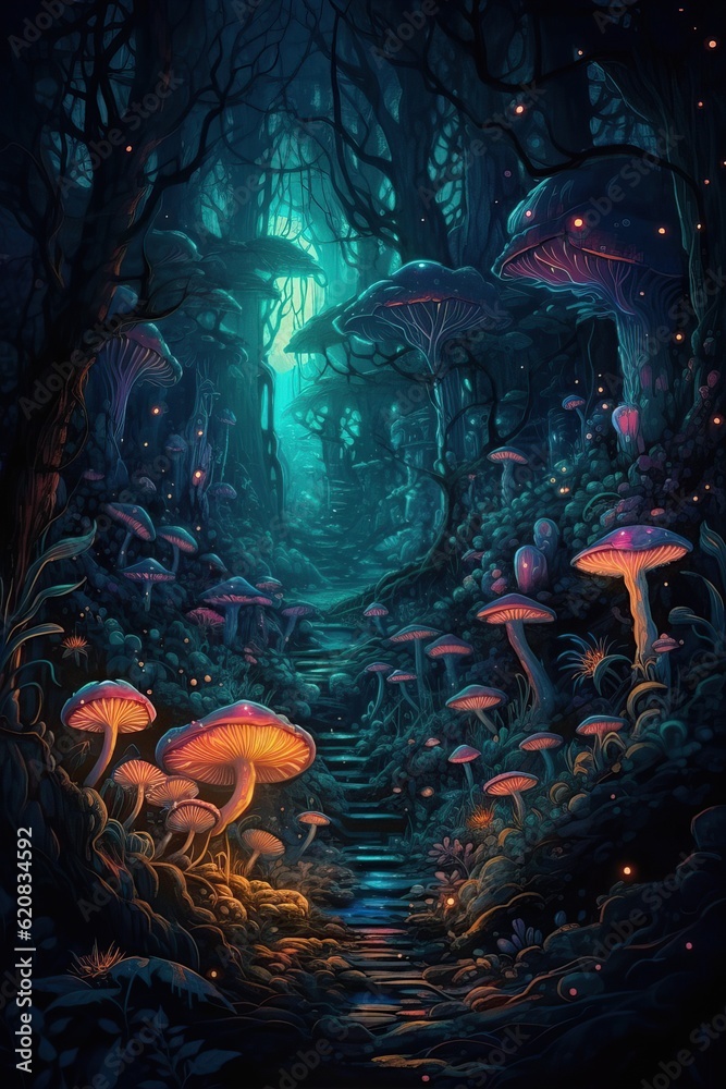 Painted magical dwarfs in a mystical unreal forest with neon light ...