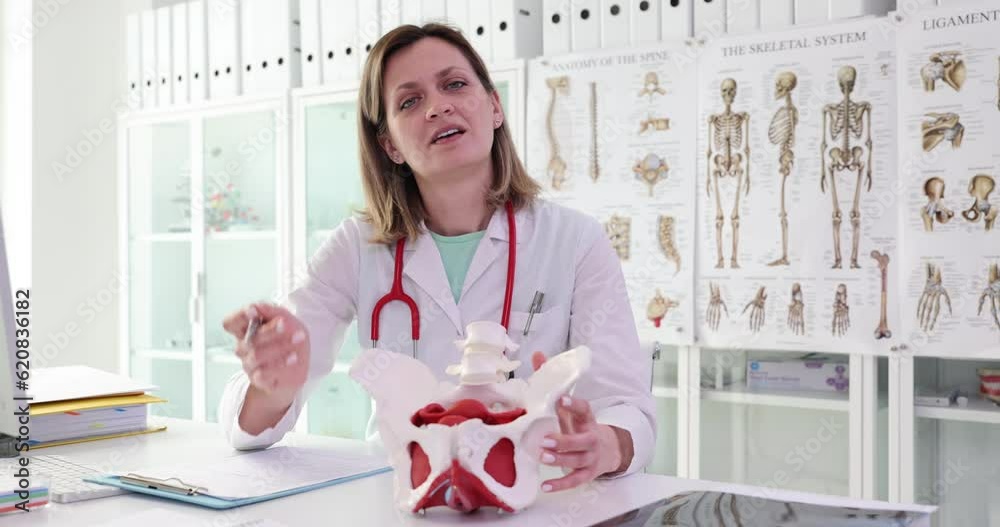 Gynecologist showing ischial tuberosity or ischial bones on pelvic ...