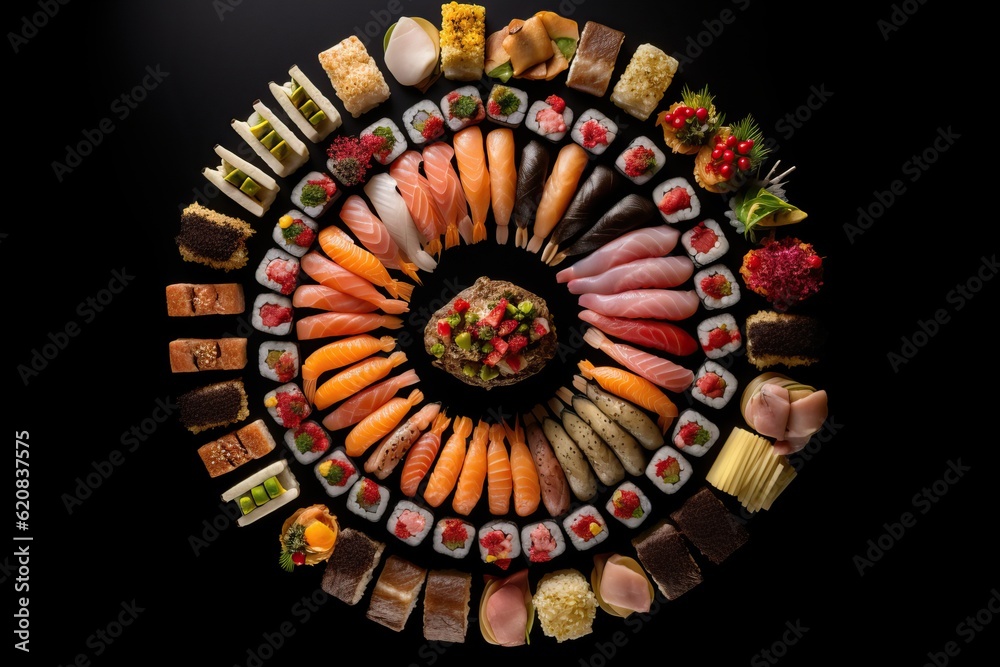 Wide variety of sushi arrange in a circle. Huge set of sushi on the ...