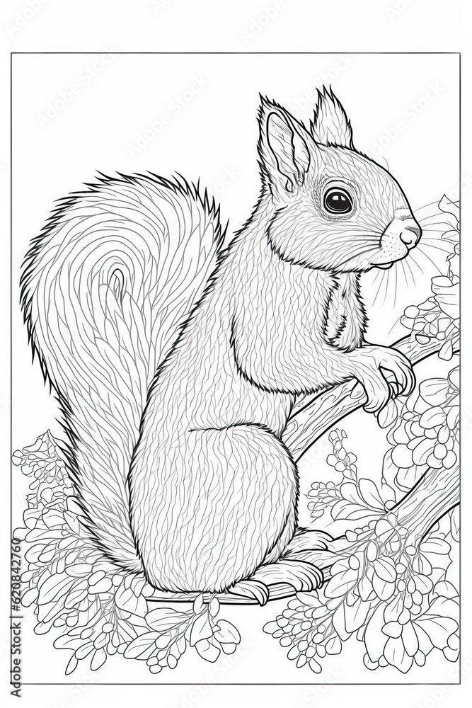 Printable coloring page outline of cute cartoon squirrel on tree ...