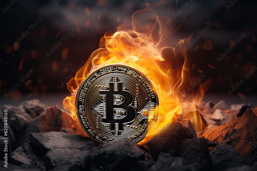 Amidst backdrop of black rocks, the Bitcoin gold coin emerges ...