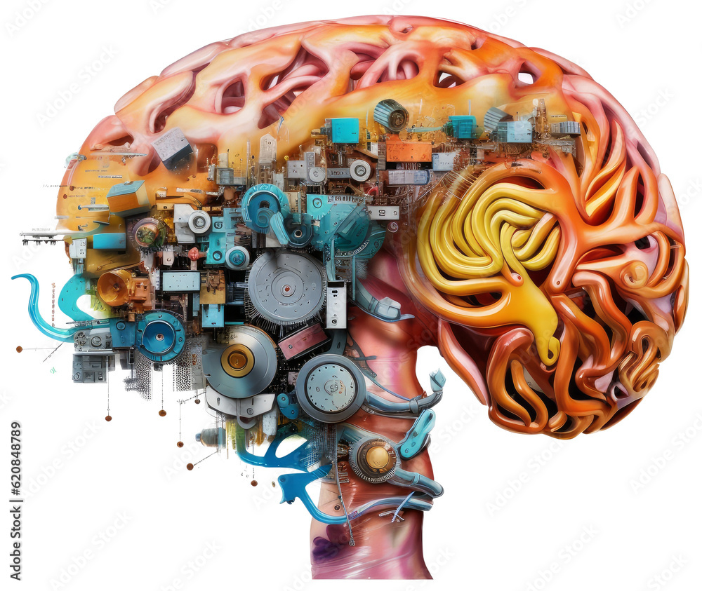 Colorful collage of brain, engine, education, discovery, light bulb ...