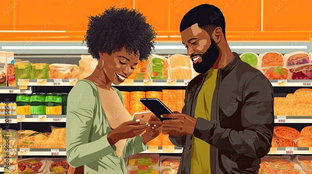 African American Woman Comparing Prices on Smart Phone While Grocery ...