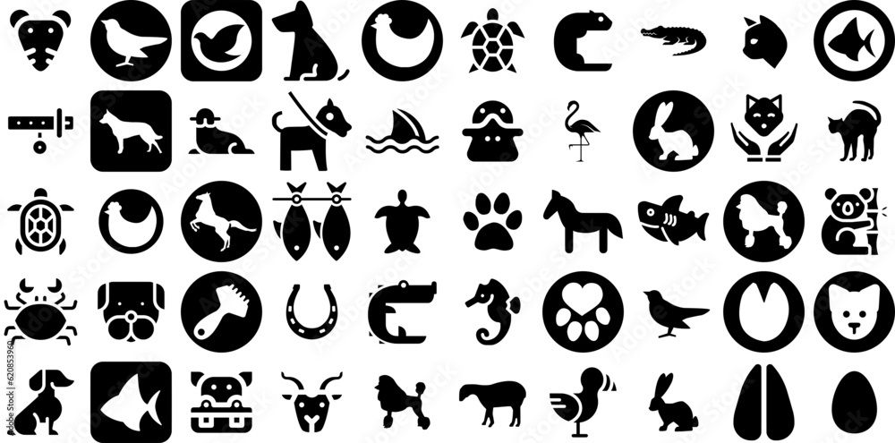 Mega Set Of Animals Icons Collection In Trendy Solid Filled Isolated ...