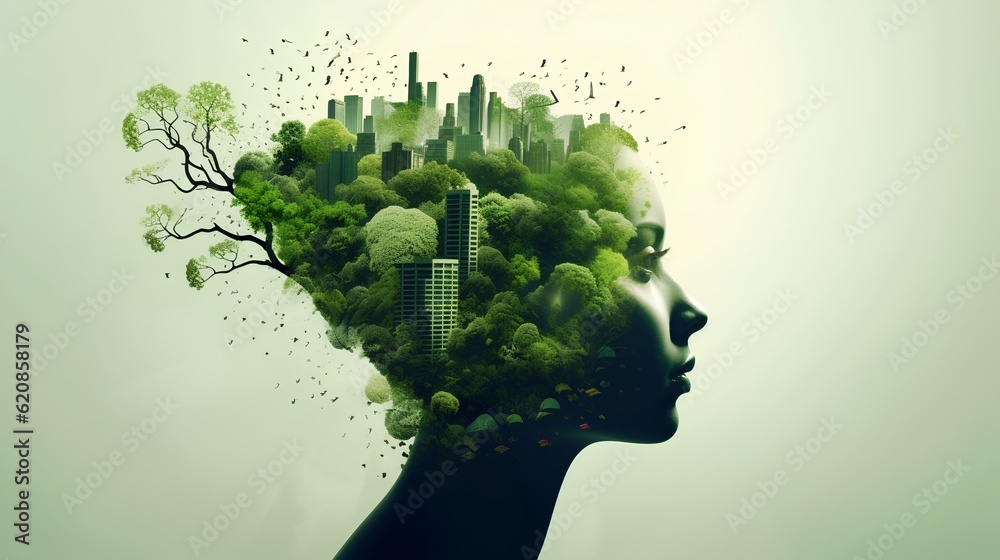 Symbolizing the green thinking concept, a woman's head silhouette is ...