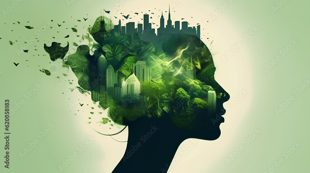 Symbolizing the green thinking concept, a woman's head silhouette is ...
