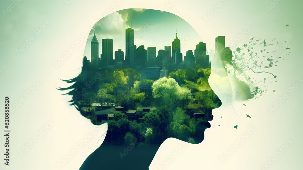 Symbolizing the green thinking concept, a woman's head silhouette is ...