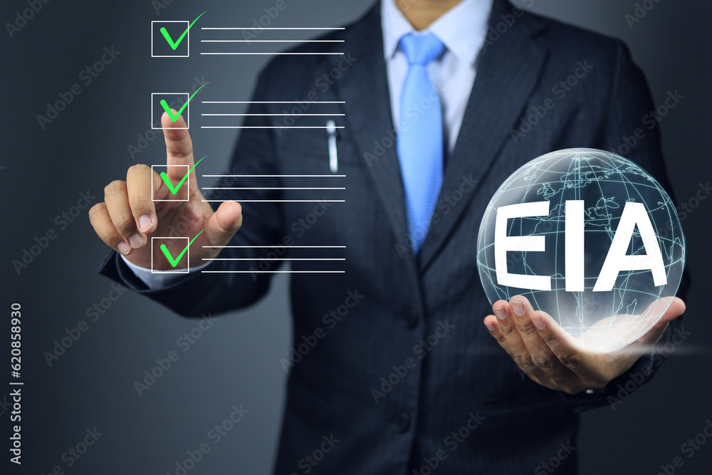 Businessman check EIA to approval or environmental impact assessment ...