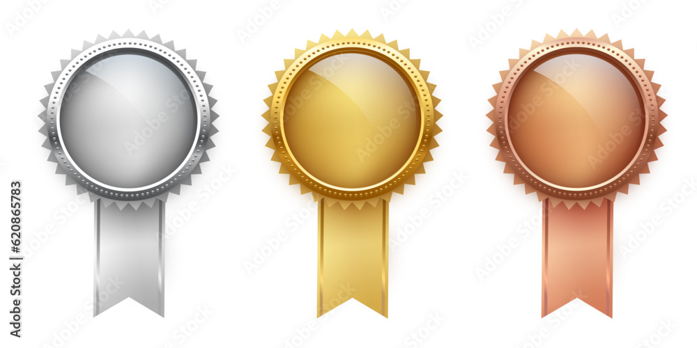 Gold, silver and bronze medals with ribbon set vector illustration ...