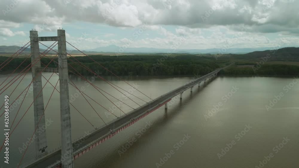 Drone View Above Costa Rica Taiwan Friendship Bridge, Cable Bridge Over ...