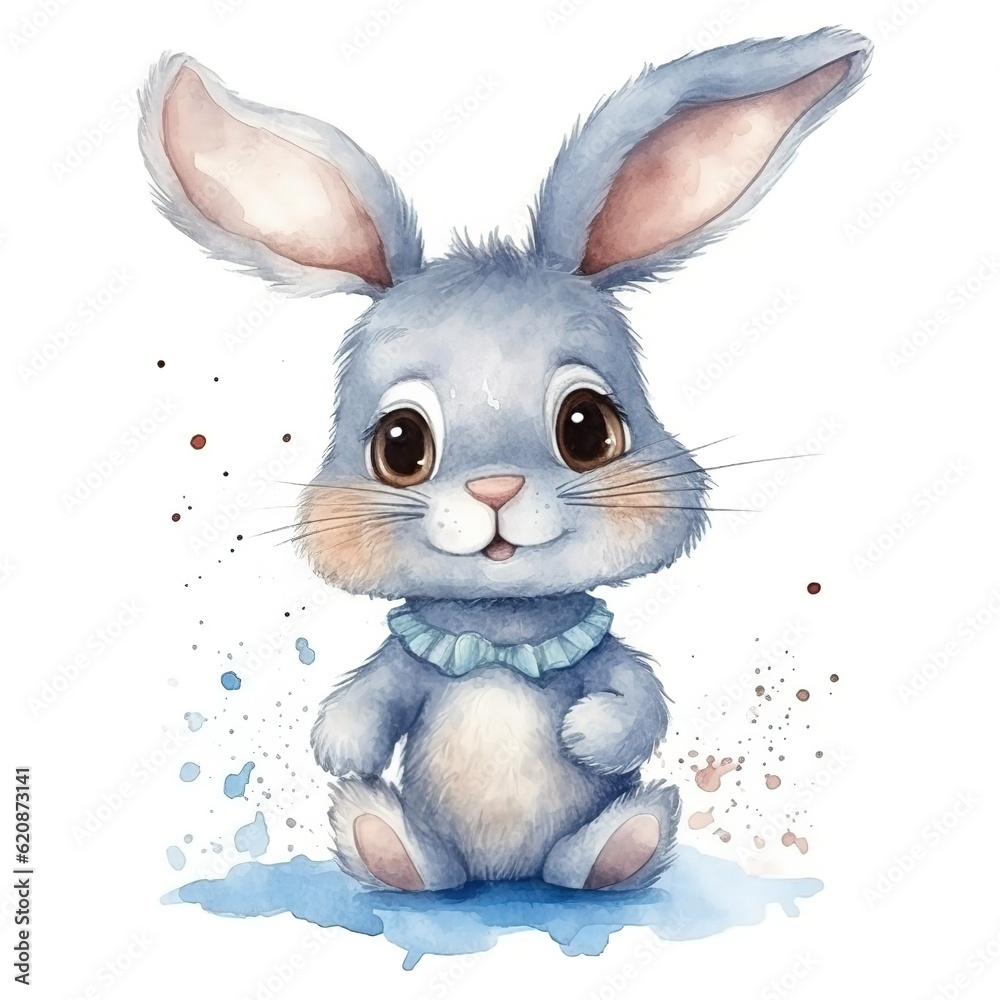 watercolor image of a cute cartoon blue rabbit on a white background ...