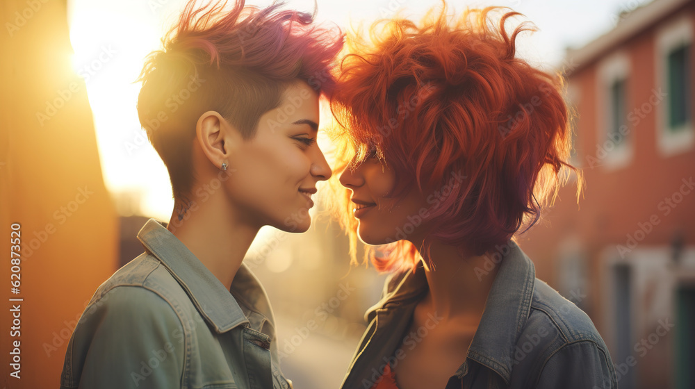 Two lesbian girls with bright hair close-up. AI generation Stock ...