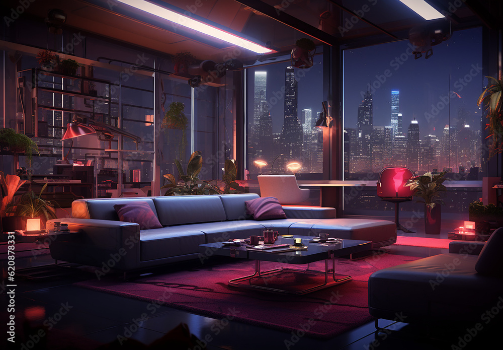 Concept art illustration of apartment living room interior in cyberpunk ...