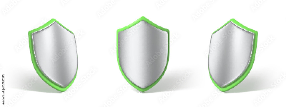 3D render shields isolated on white background. Realistic shield icons ...