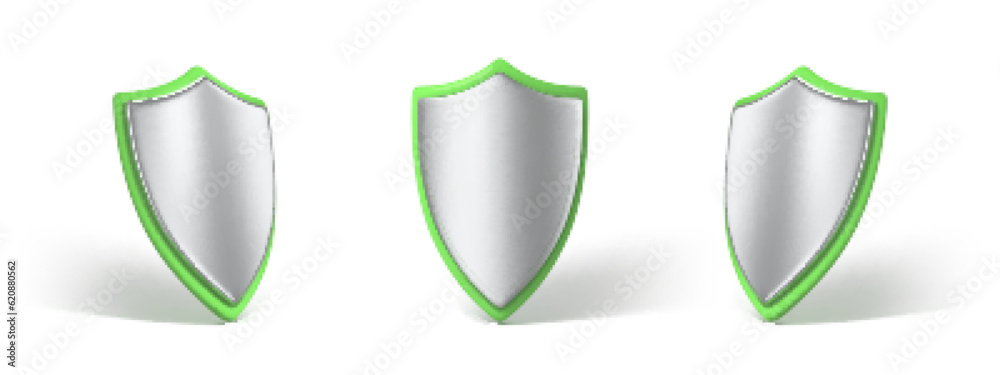 3D render shields isolated on white background. Realistic shield icons ...