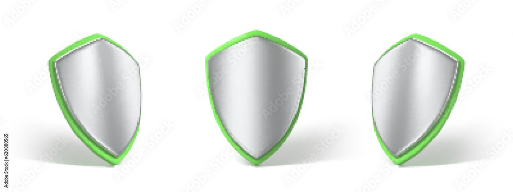 3D render shields isolated on white background. Realistic shield icons ...