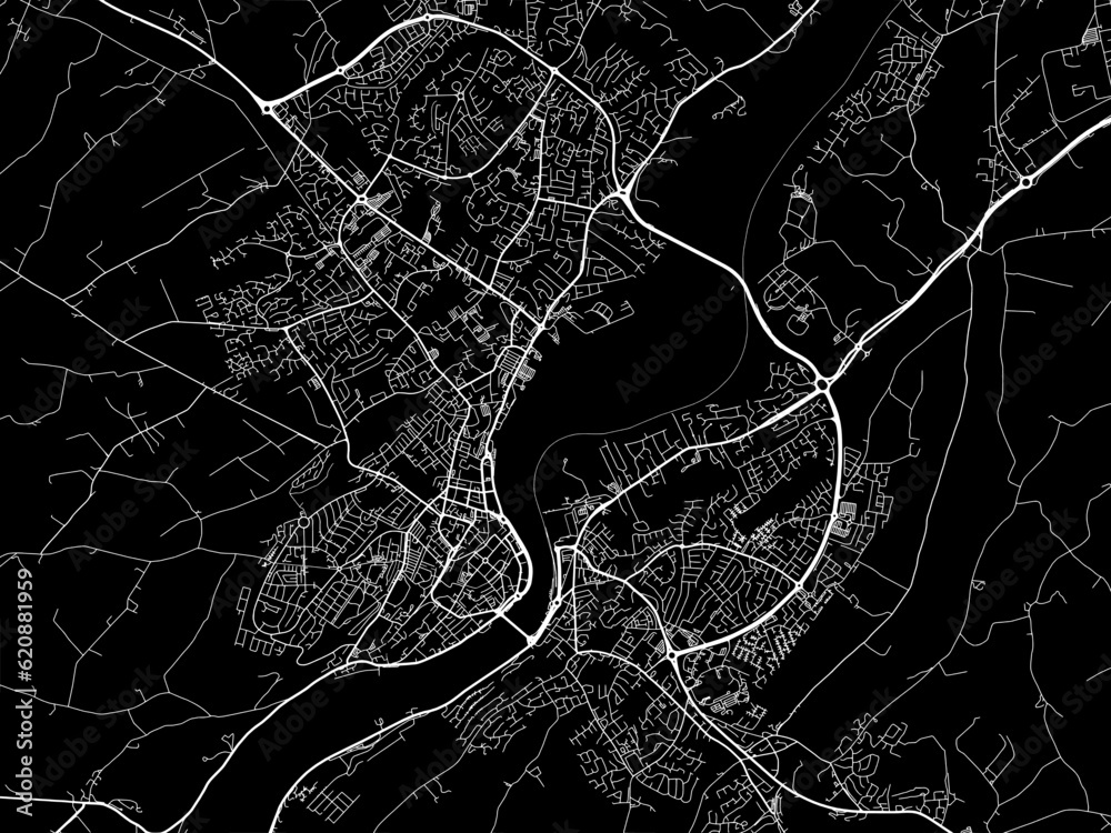 Vector road map of the city of Derry in the United Kingdom on a black ...