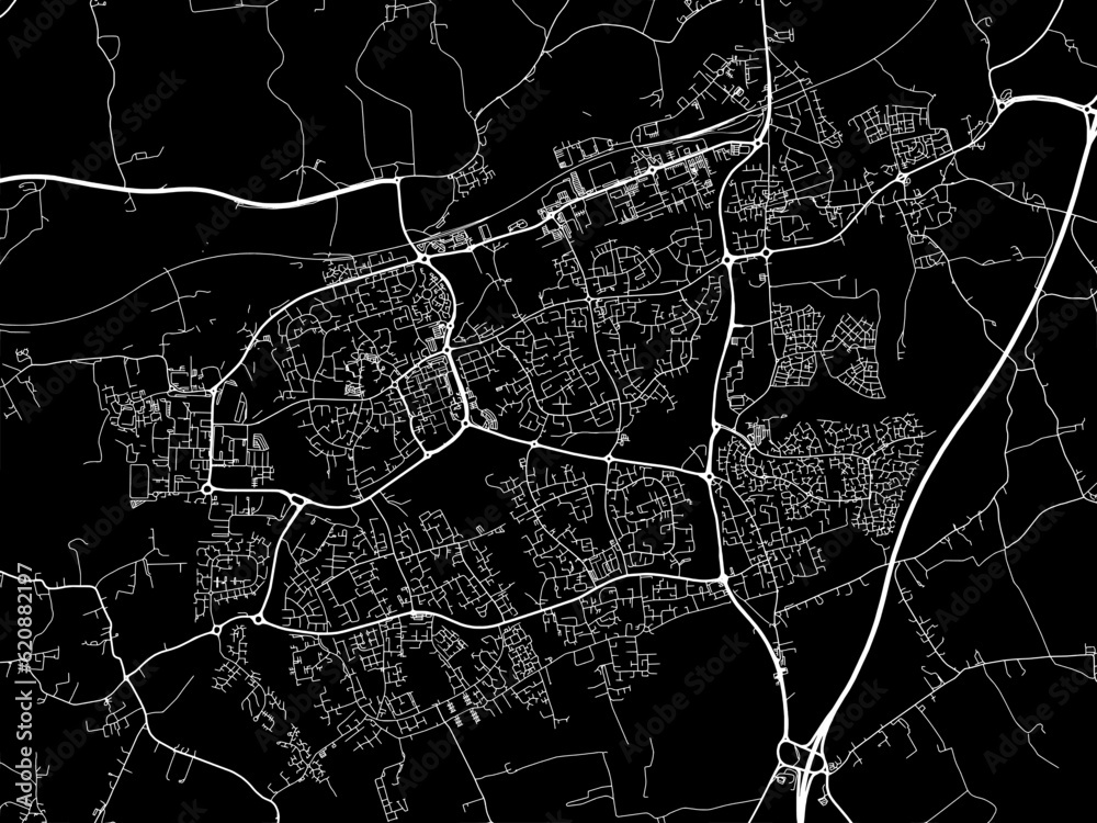 Vector road map of the city of Harlow in the United Kingdom on a black ...