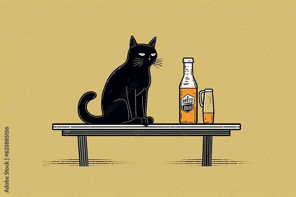 Minimalistic drawing of a black cat enjoying a beer, This laid-back ...