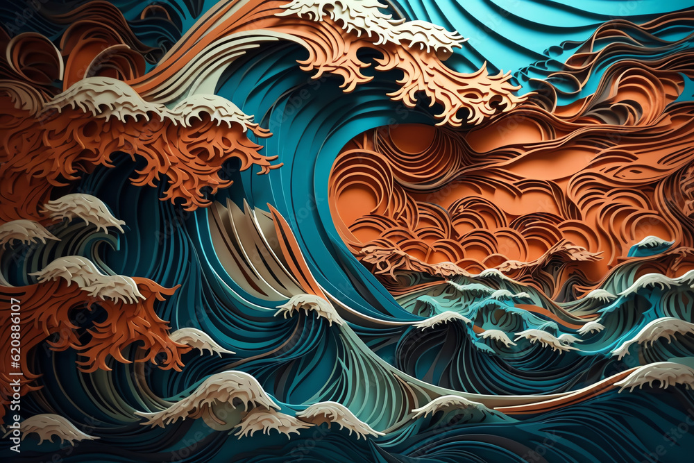 Paper cut art featuring waves in the ocean, in the style of Dark orange ...
