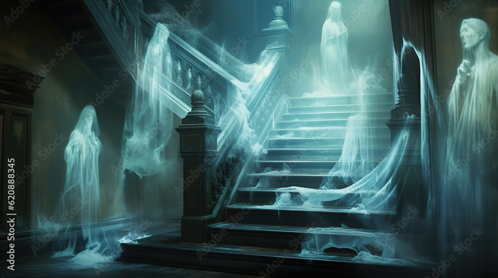Transparent figure ascending a staircase. Haunted mansion with ghostly ...