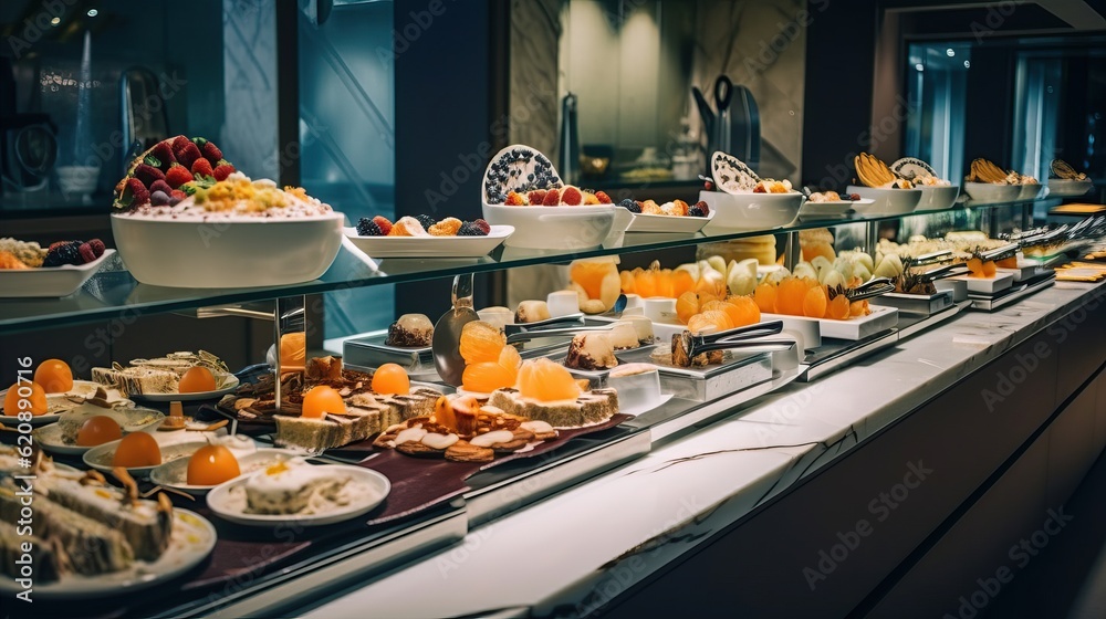 Close-up of luxurious buffet in a beautiful hotel. A richly laid table ...