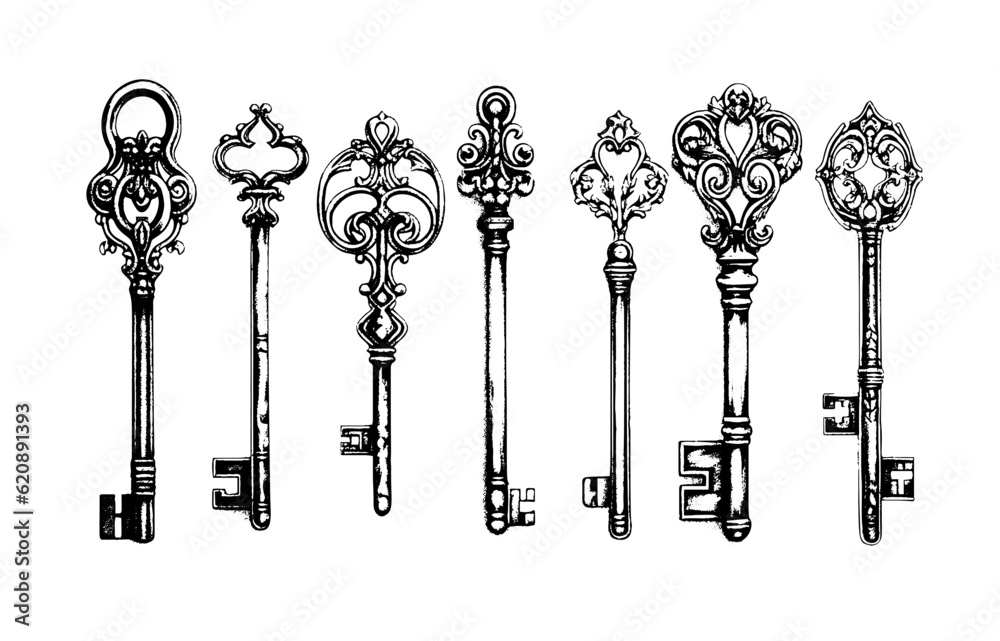 Victorian key collection vintage illustration. Medieval Gothic locks ...