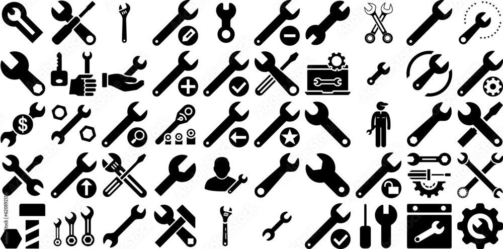 Mega Set Of Spanner Icons Pack Hand-Drawn Linear Simple Symbols ...