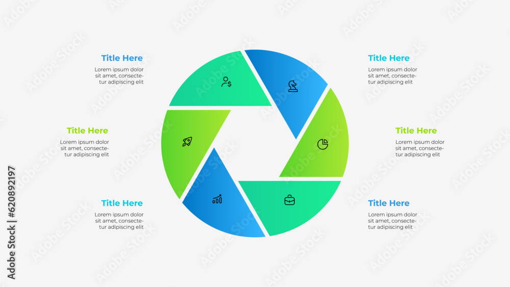 Circle diagram divided into 6 parts with a hexagon in the center. Template of six options of ...