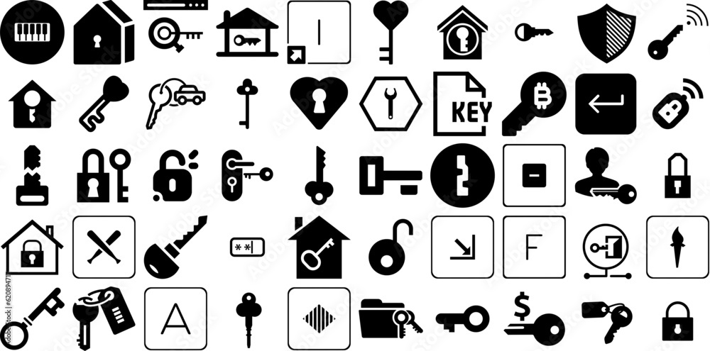 Mega Set Of Key Icons Collection Hand-Drawn Solid Modern Pictograms ...